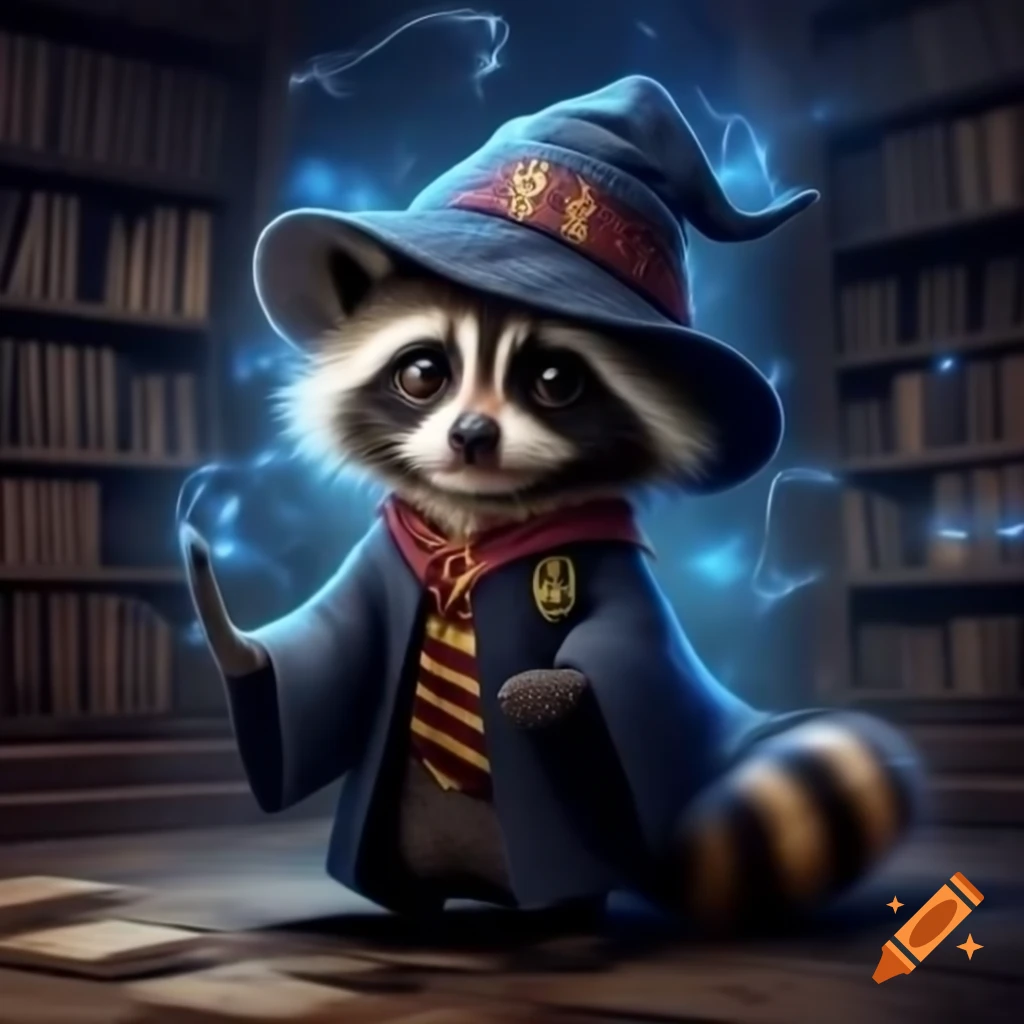 Baby raccoon in Ravenclaw robes with witch's hat surrounded by azure ...