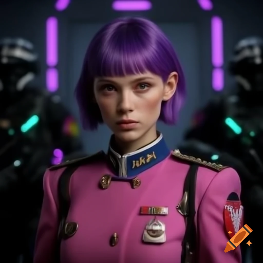 Realistic character with purple hair in pink officer uniform with ...