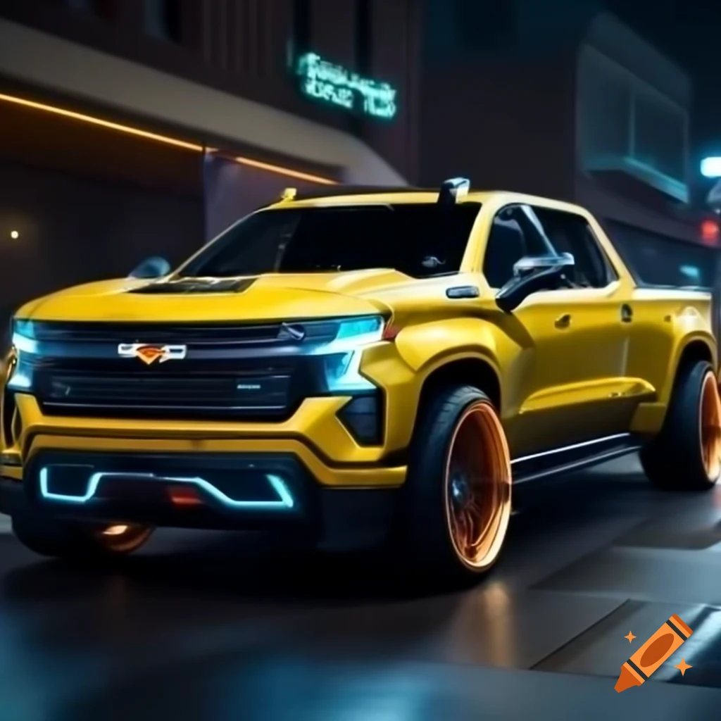 Futuristic yellow Chevrolet Silverado double cabin with custom rims and ...
