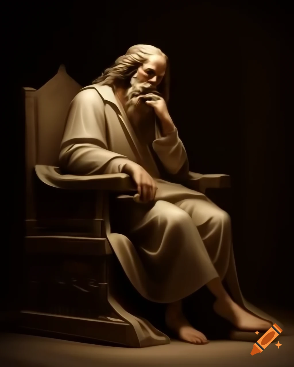 Leonardo da vinci in thoughtful pose seated in sculpted chair, drawing ...