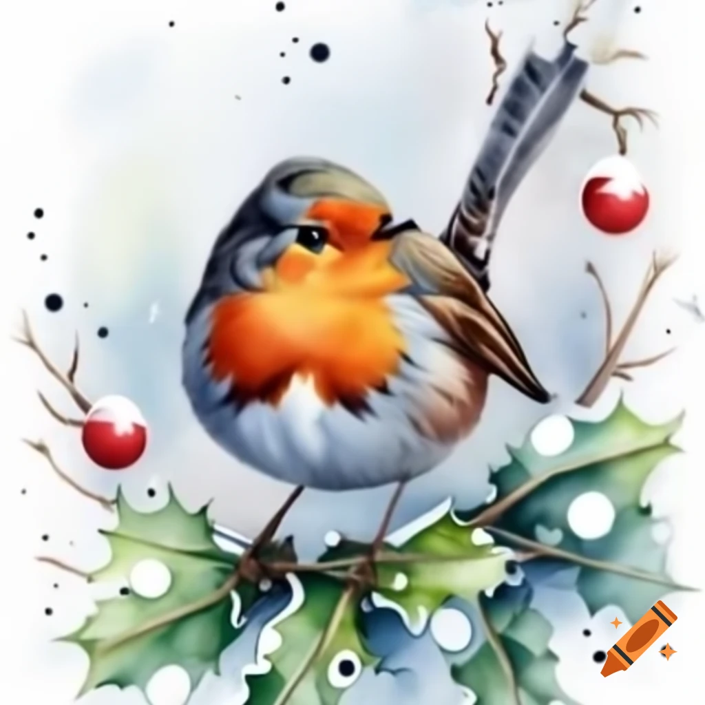 Watercolor painting of a robin on a holly branch with snow on Craiyon