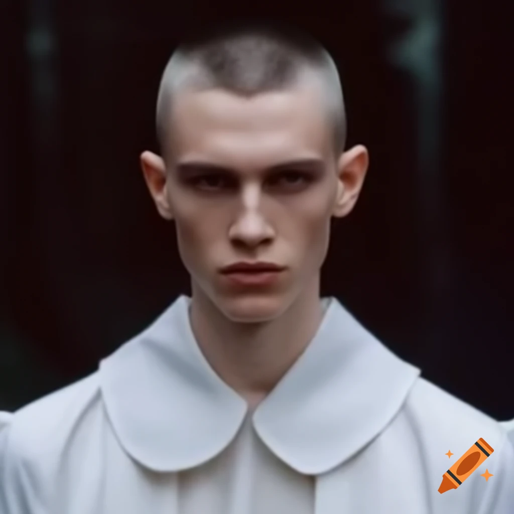 Portrait of a young European man in a white cloak with shaved hair on ...