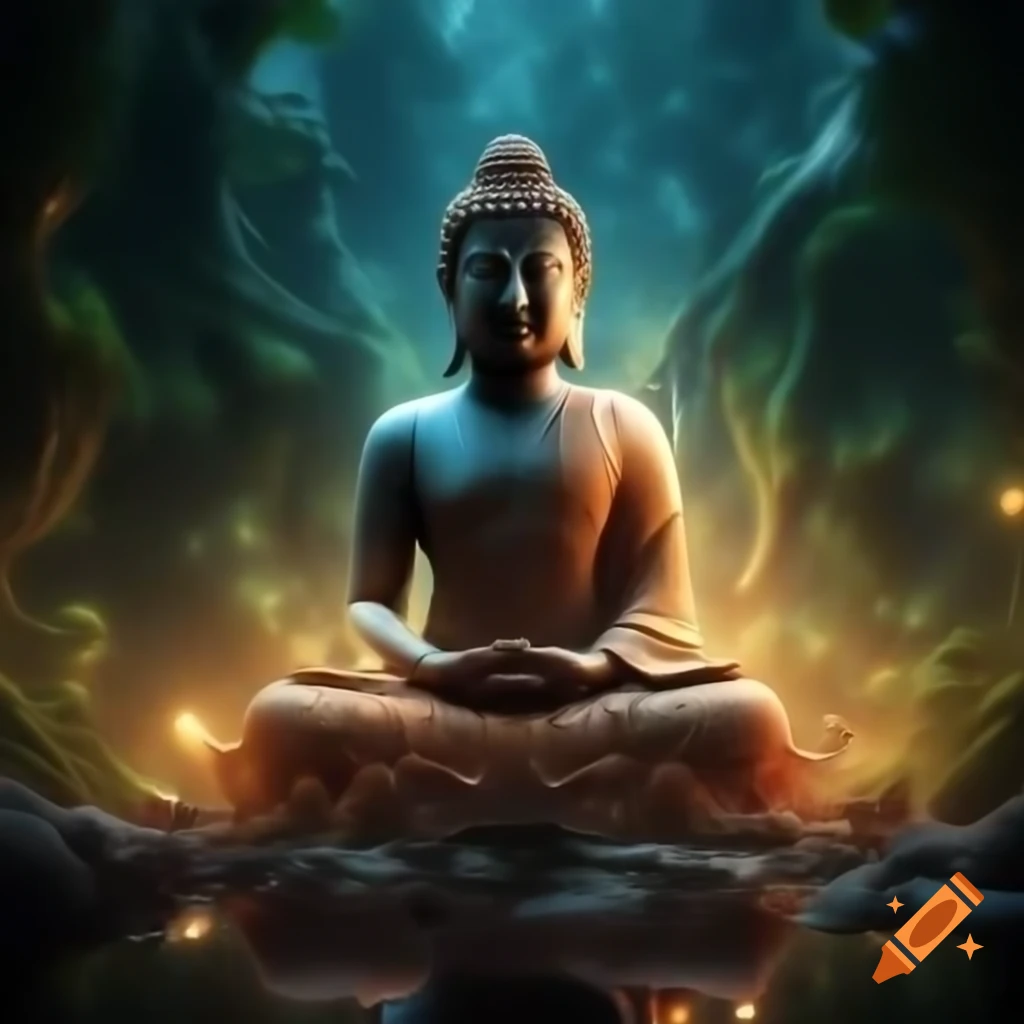 Glowing representation of gautam buddha with brahmin in peaceful ...