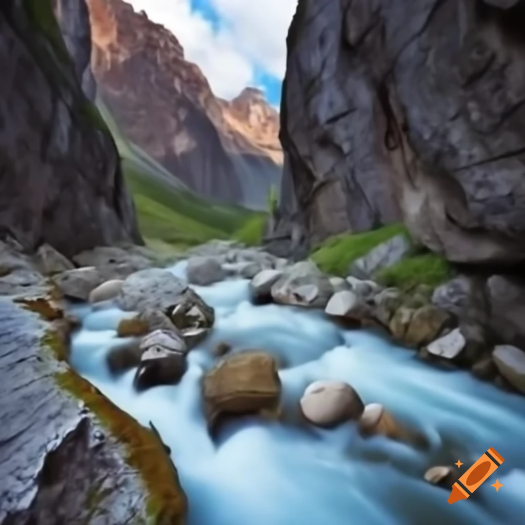 Mountain stream rushing down steep rocky valley with surface runoff on ...