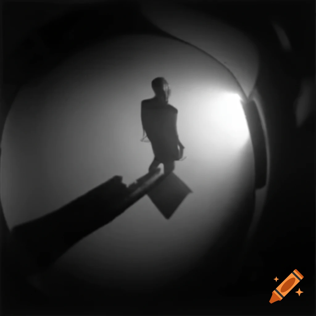 Grainy black and white image of a towering figure emerging from shadows ...