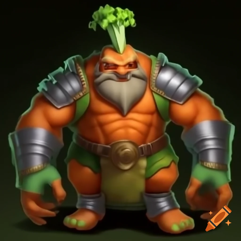 Sentient carrot in armor with green hands, embodying ancient wisdom on ...