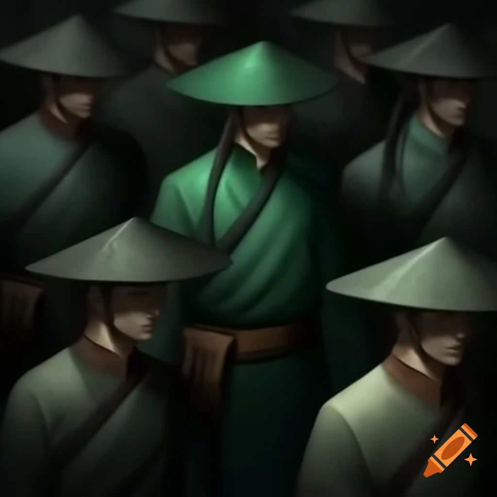 Group of diverse men as Dai Li agents in dark green uniforms and hats ...