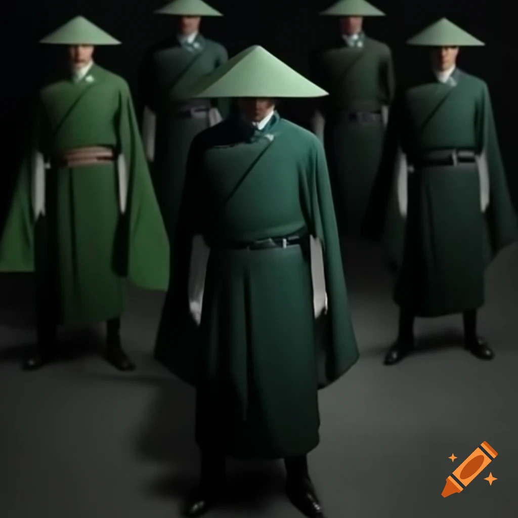 Group of diverse men in dark green Dai Li uniforms with hats casting ...