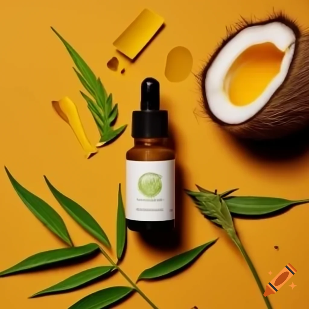 Organic essential oil logo featuring neem, turmeric, and coconut on Craiyon