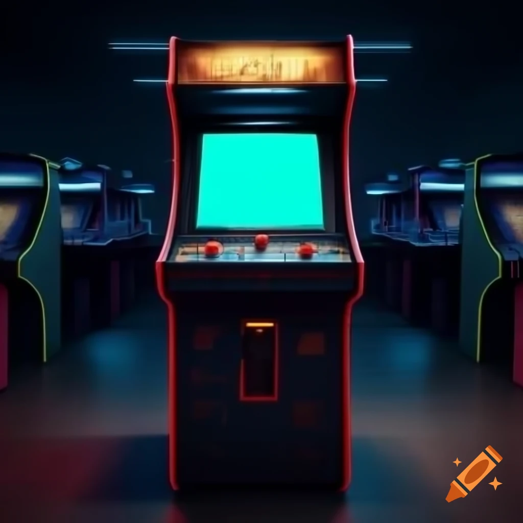 Retro arcade game machine with glowing screen in empty room on Craiyon
