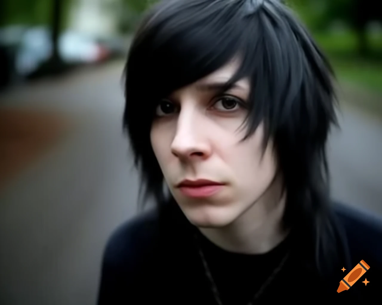 Emo guy with medium length hair standing outdoors in the distance on ...