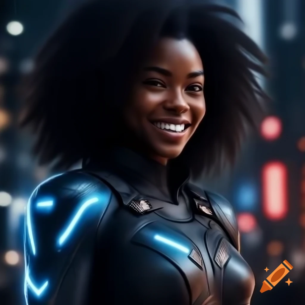 Black female superhero with electricity powers in futuristic combat ...