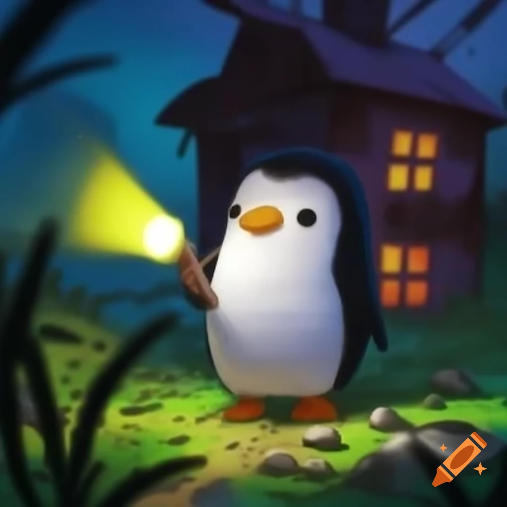 Patch design featuring a penguin holding a flashlight with an abandoned ...