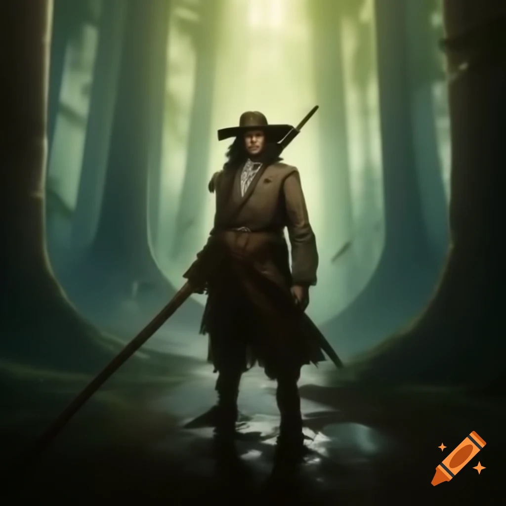 Fierce bandit in dense forest with towering trees and dappled sunlight ...