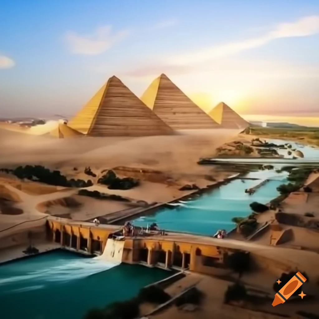 Blend of ancient and modern egypt with pyramids of giza in desert ...