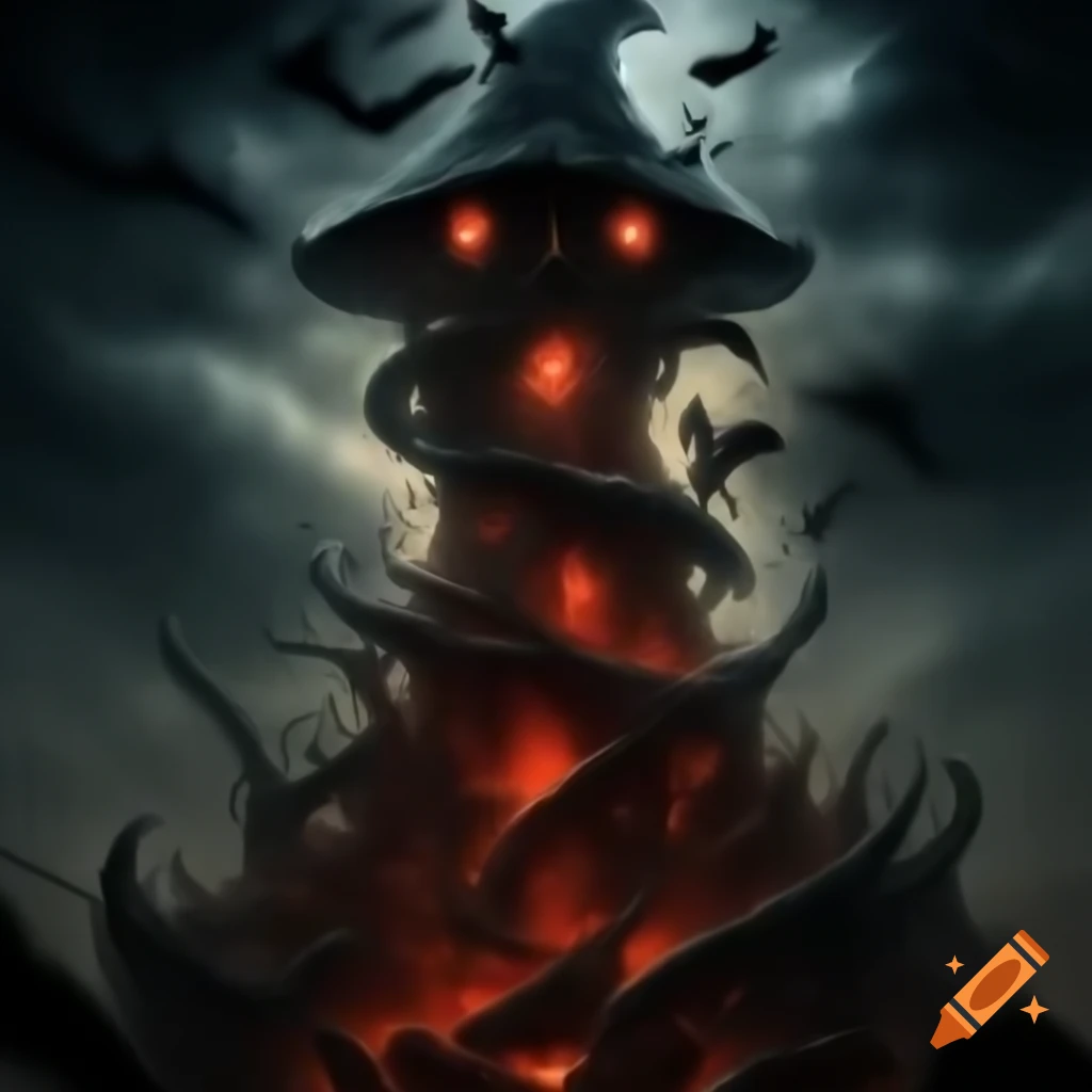 Witch's tower made of demon bones at edge of infernal city on Craiyon