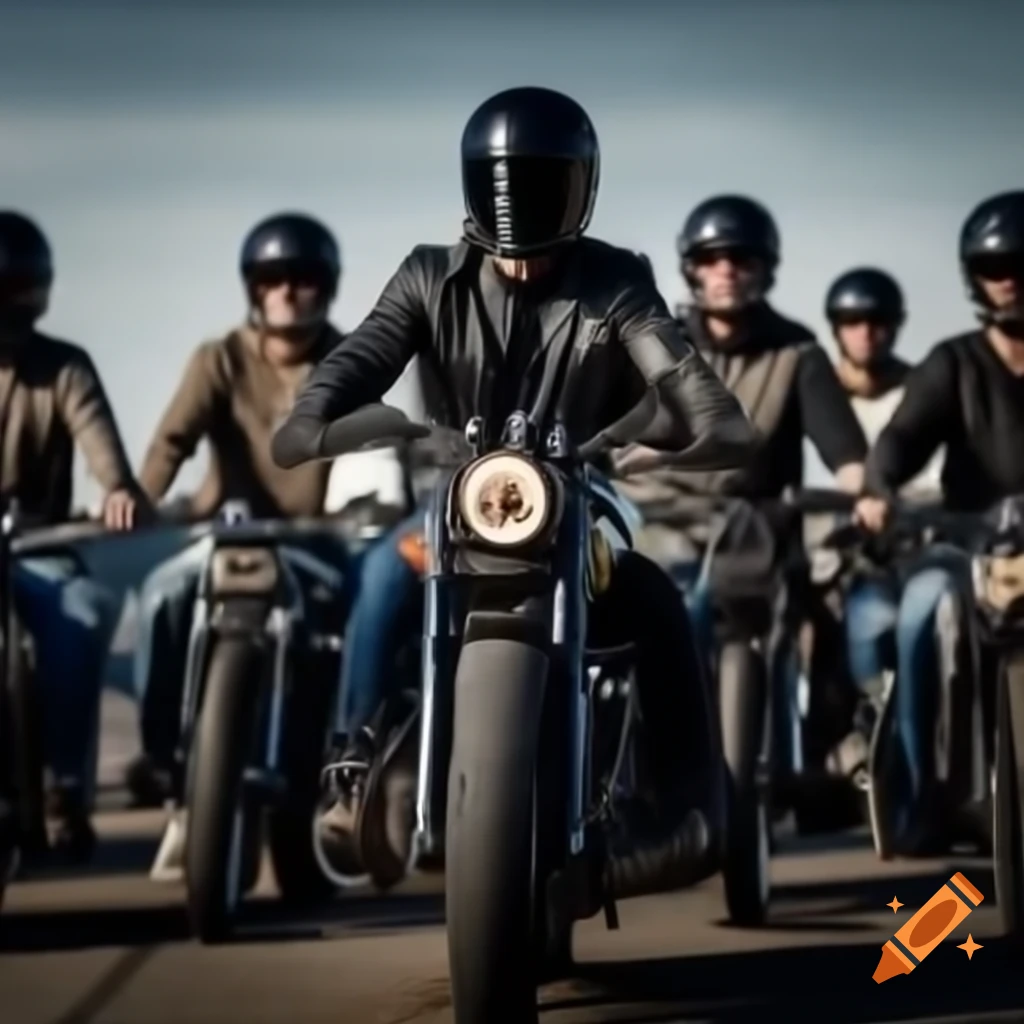 Five American bikers in black helmets on motorcycles on Craiyon