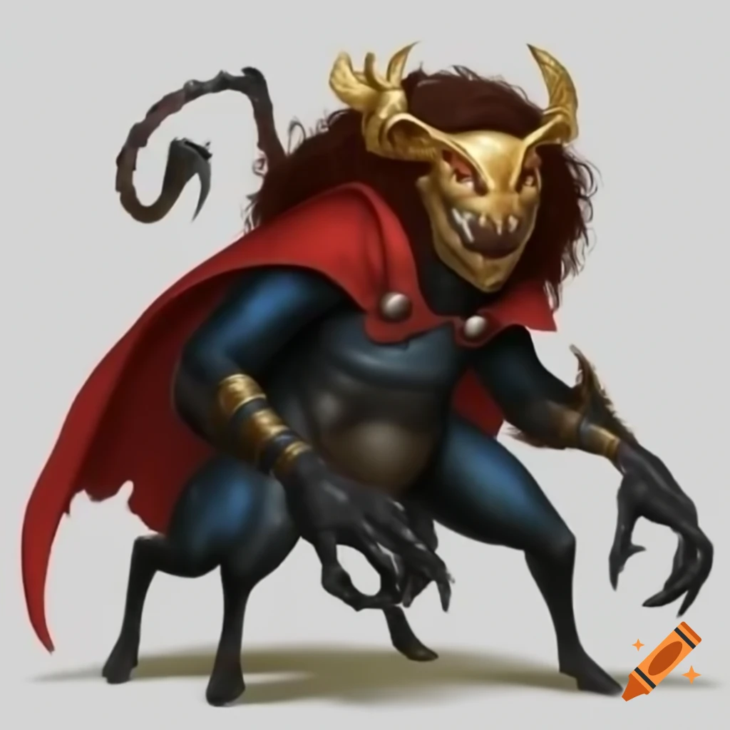 Strange creature resembling locust with long hair, lion's teeth, armor ...