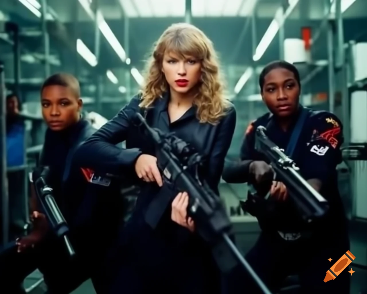Taylor Swift accompanied by agents in a lab setting with a rifle on Craiyon