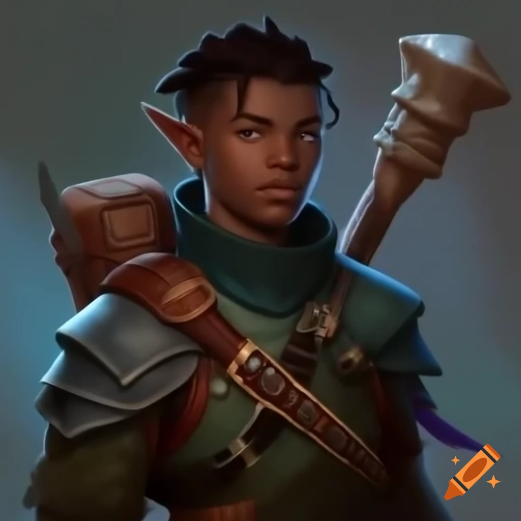 Aquatic elf cleric artificer in chain mail armor with mace and shield ...