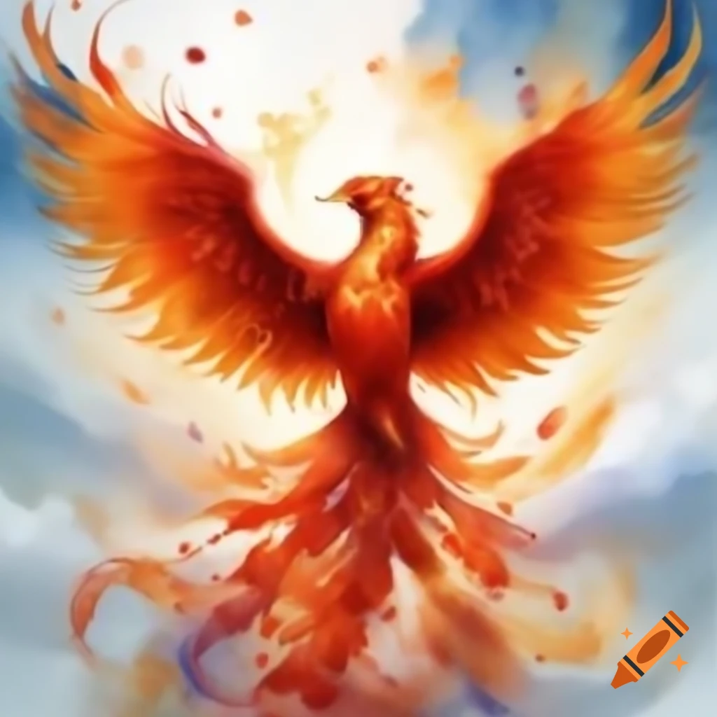 Phoenix rising from ashes in high definition watercolor painting on Craiyon