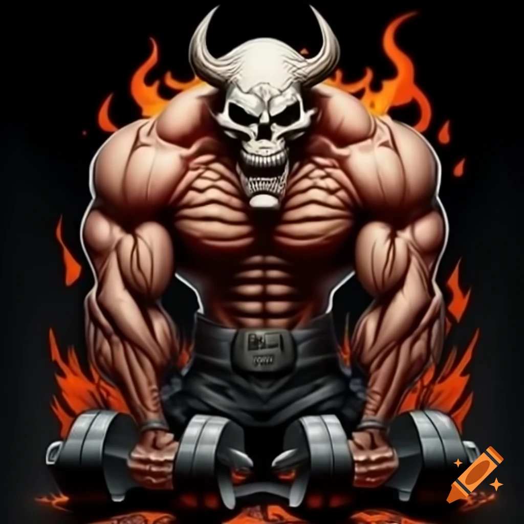 Caricature of muscular demonic skeleton flexing its arms with humorous ...