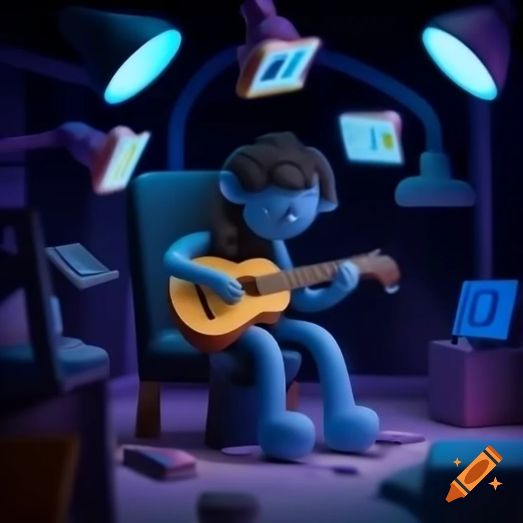 Cartoon avatar playing guitar in rgb lit room on Craiyon