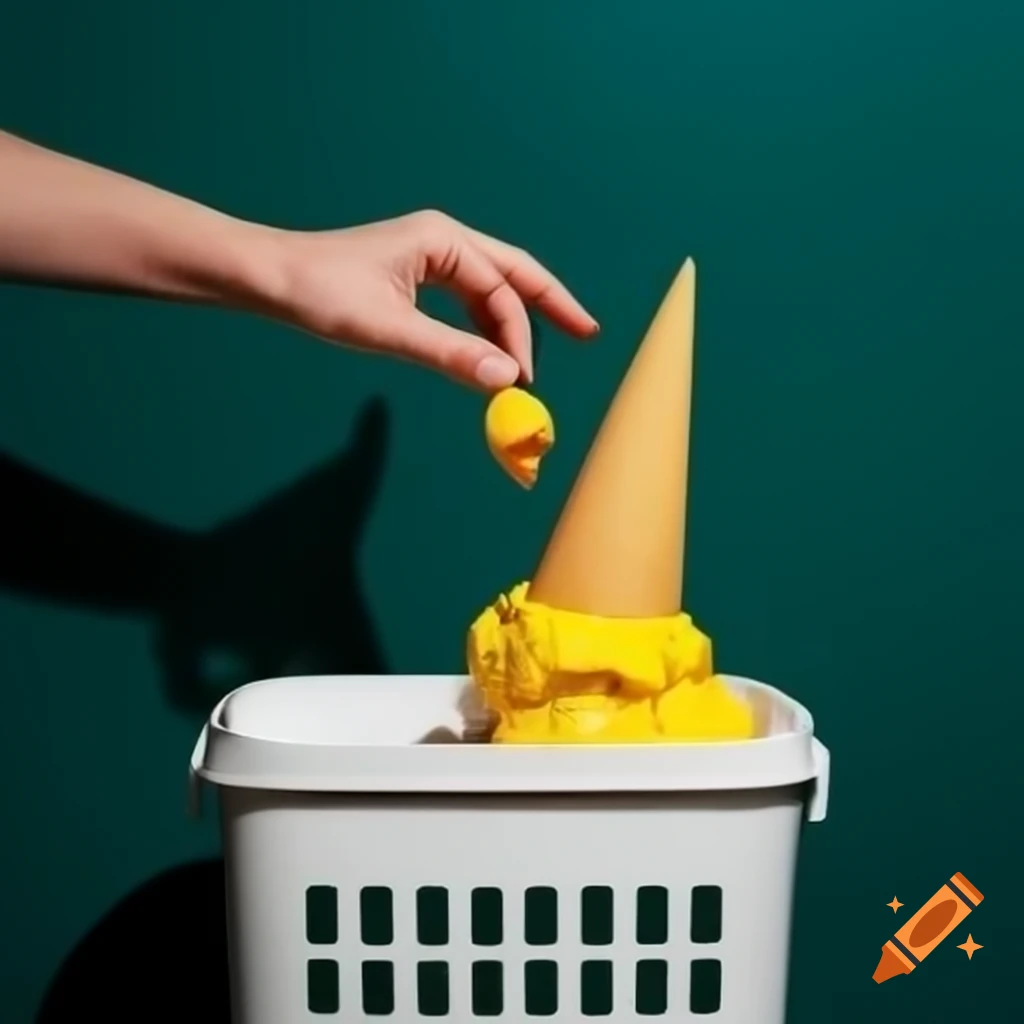 Hand tossing yellow ice cream cone into trash can on Craiyon