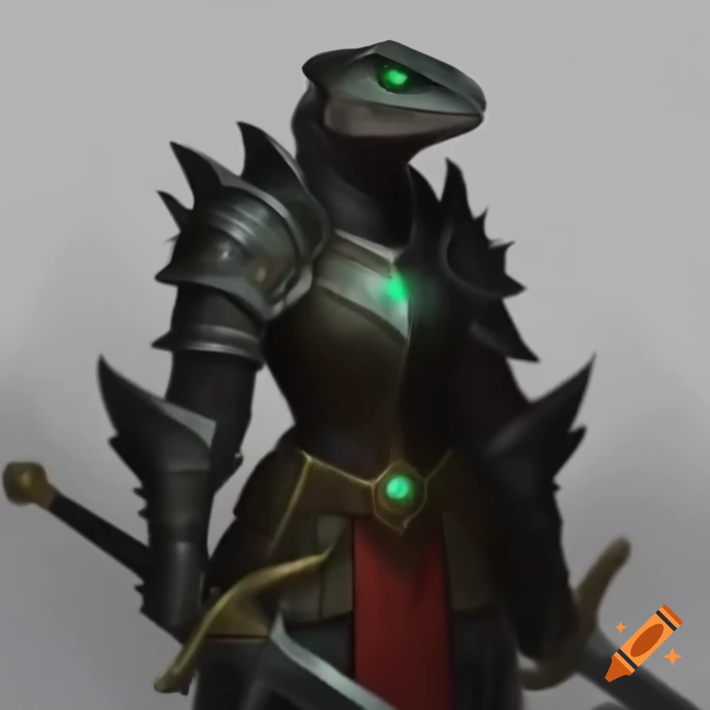 Lizardman shadow knight in intricate armor with glowing emerald eyes, focused on gleaming sword ...