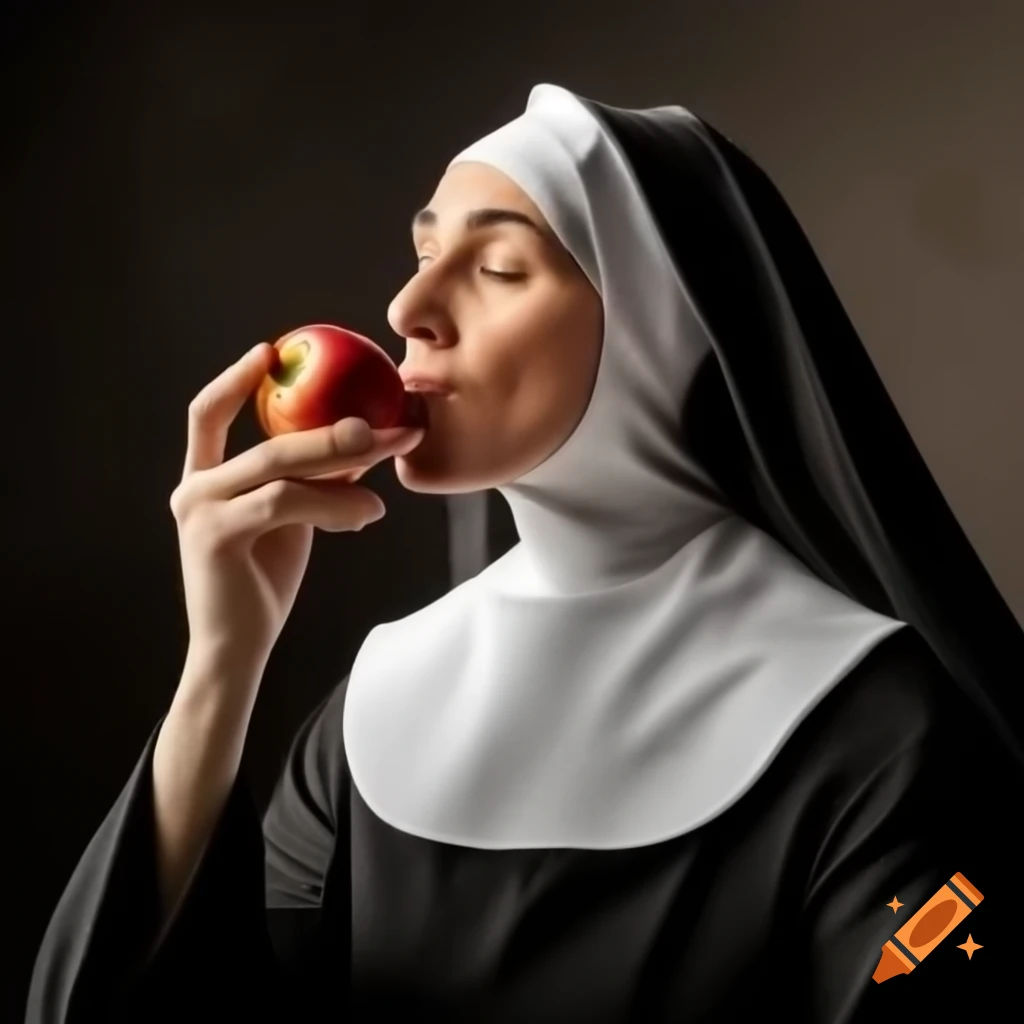 Nun eating an apple with juice dripping down, eyes rolled upward on Craiyon