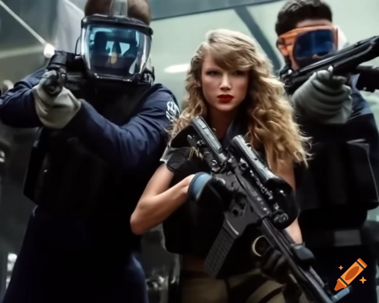 Taylor Swift accompanied by agents in a lab setting with a rifle on Craiyon