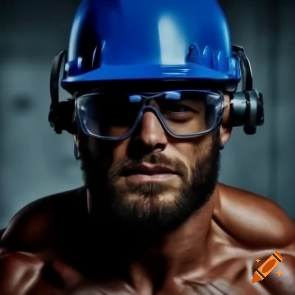 Muscular man wearing blue safety helmet, ear protection, and safety ...