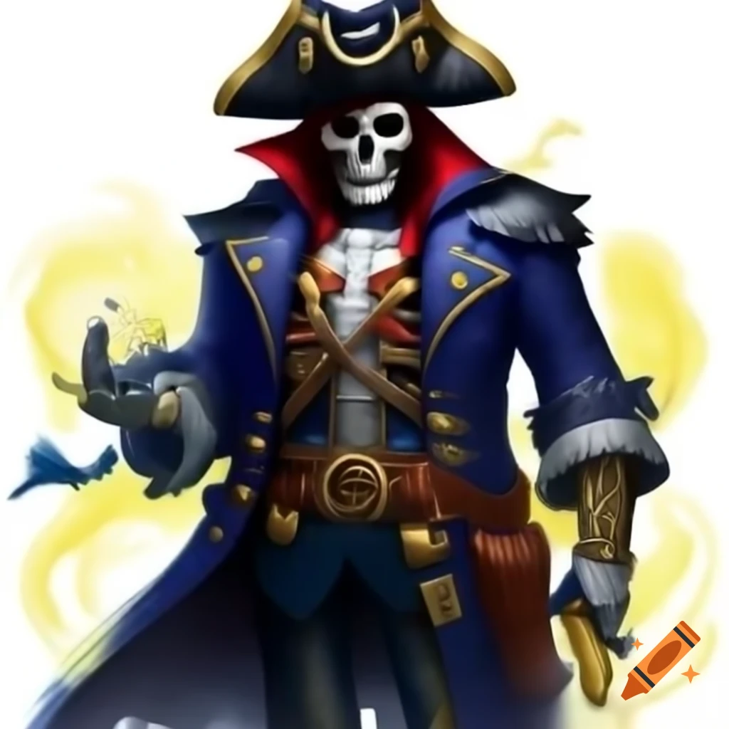 Skeleton pirate captain in navy blue coat and hat with yellowish aura ...