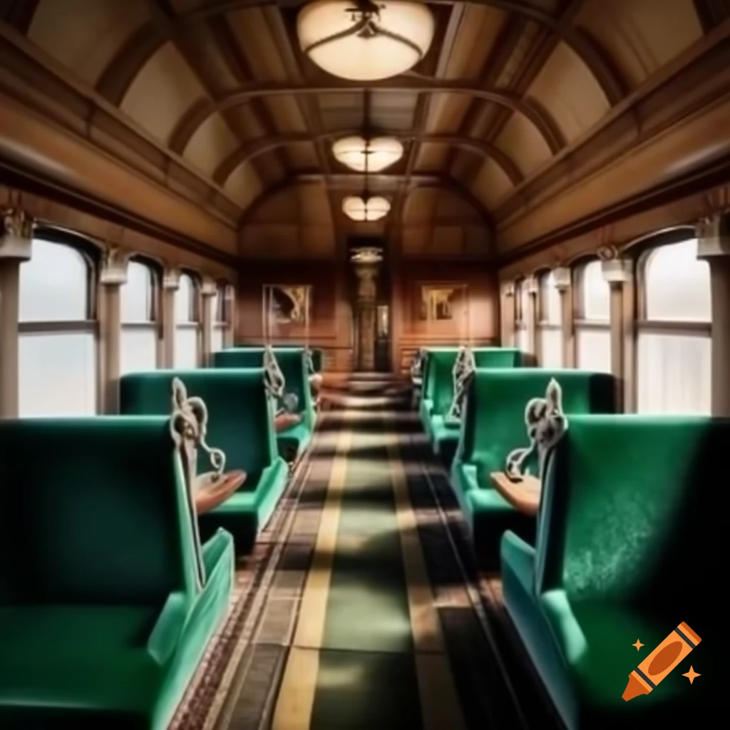 Elegant train car interior with sea green velvet seats and ornate ...