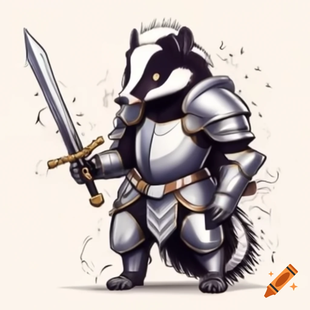 Skunk knight in polished armor with plumed helmet and sword on Craiyon