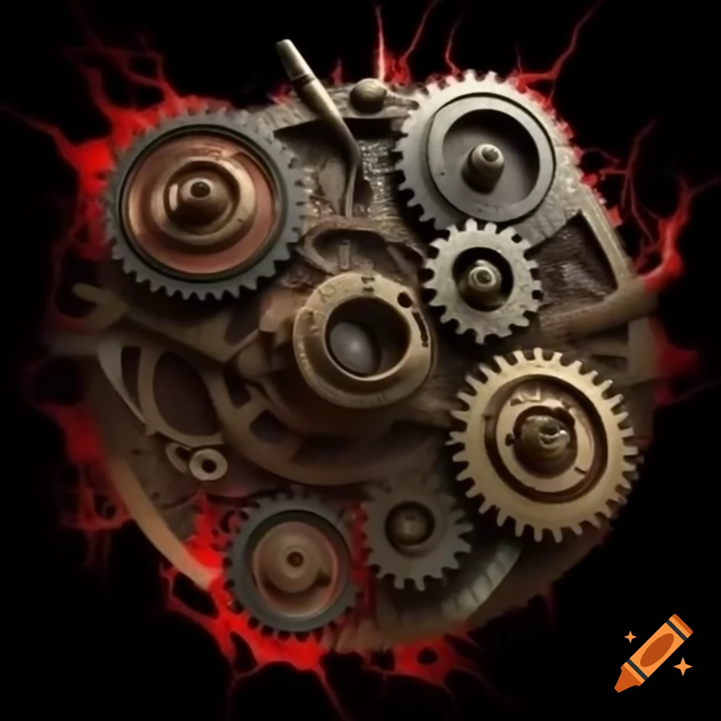 Intricate clockwork cogs and gears intertwined with blood vessels in ...