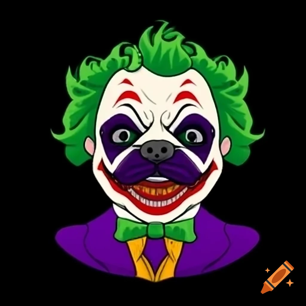 Realistic cartoon pug dog as Joker in purple suit and green hair on Craiyon