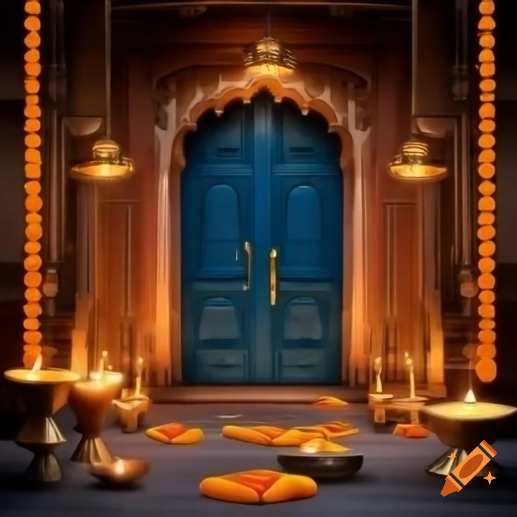 Traditional Indian setup for festive celebration with ornate blue door ...