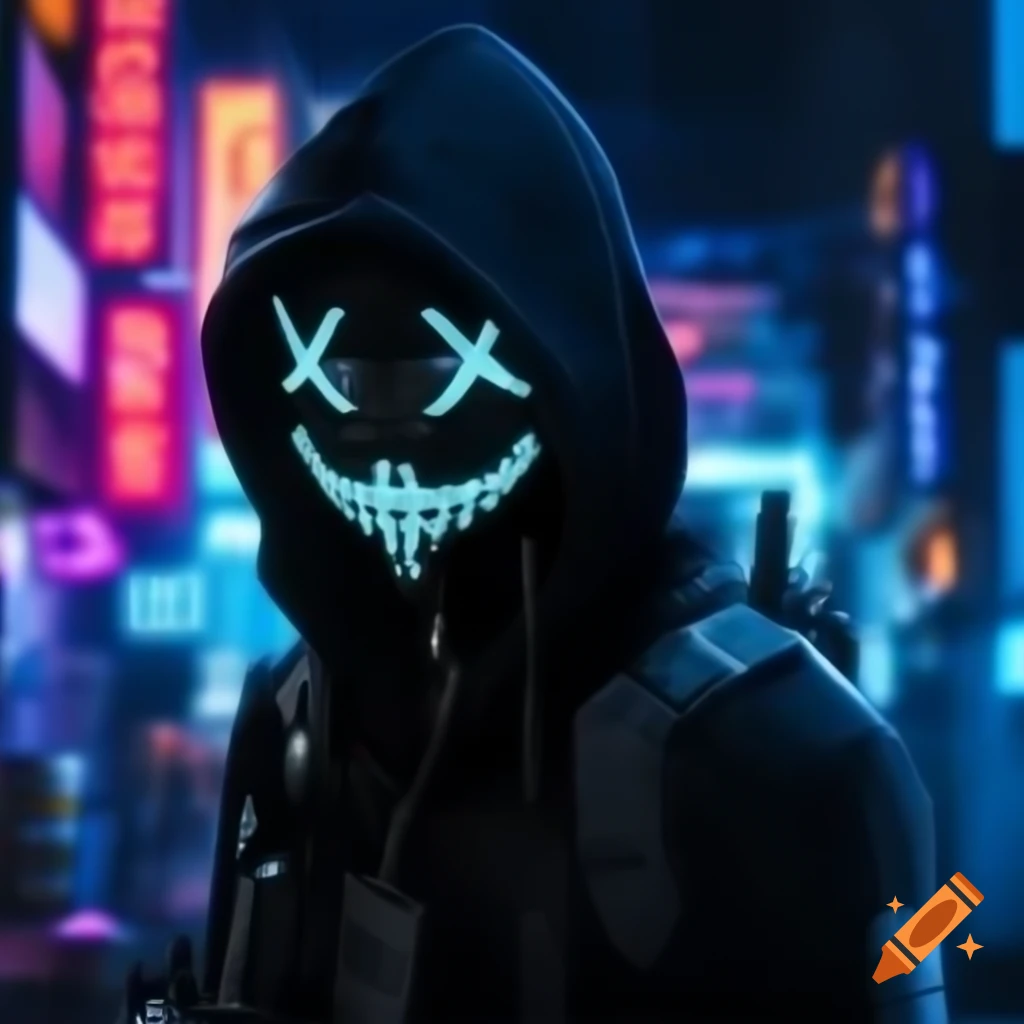 Anime character with Purge mask and gun in cyberpunk city profile ...