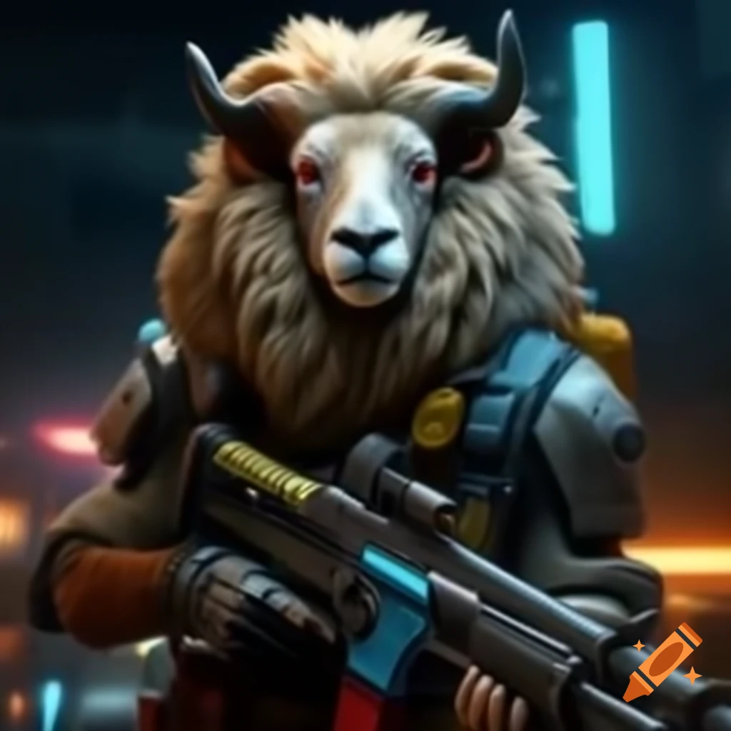 Sheep with lion's mane in cyberpunk armor holding a gun in battle on ...