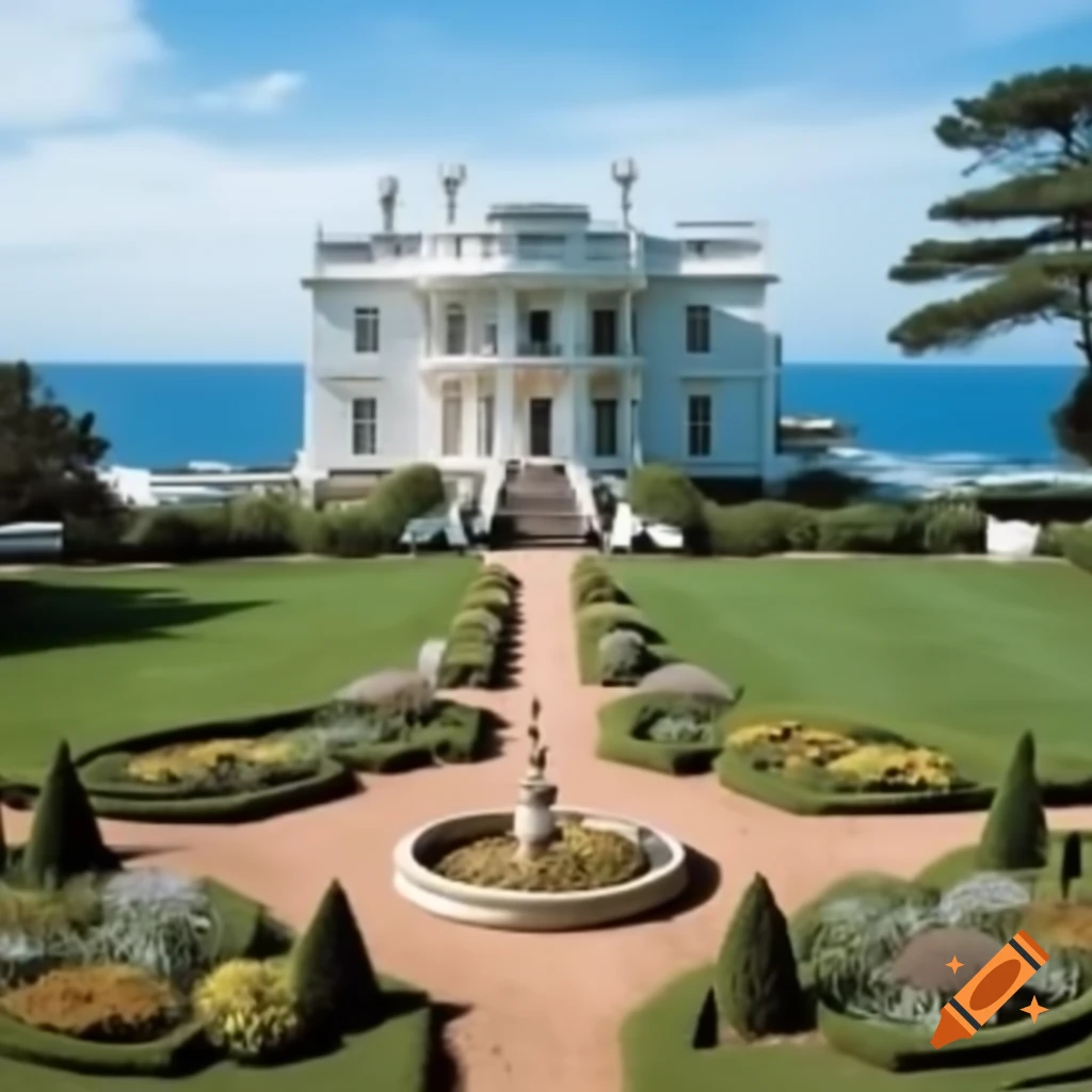 Victorian Queen Anne house with lush garden by the sea and stone path ...