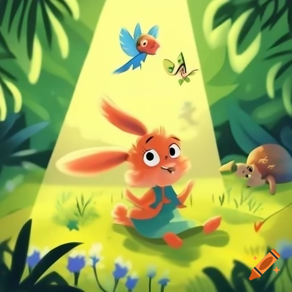 Colorful illustration of benny the rabbit playing in sunny flower ...