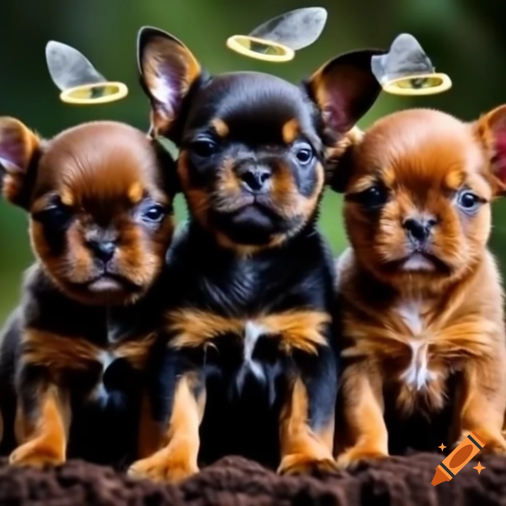 Three French bulldog puppies with angel wings playing in a heavenly ...