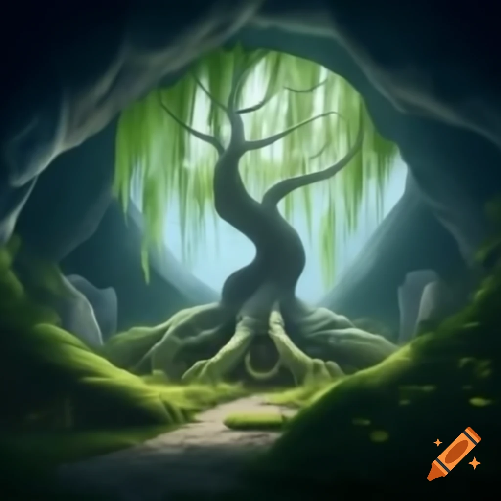 Weeping willow tree glowing in a giant cave with serene gardens on Craiyon