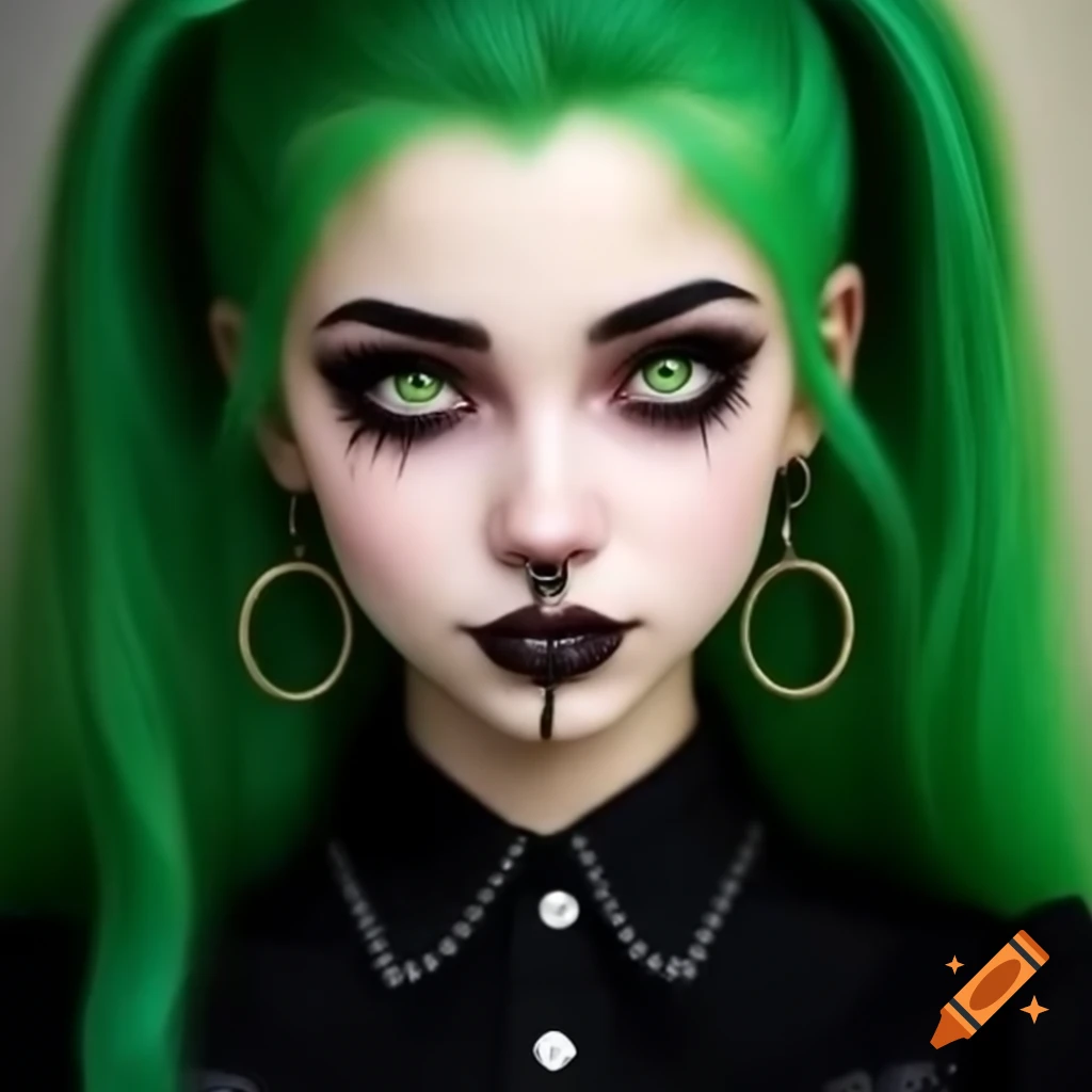 Alt girl with long green hair, piercings, and black attire on Craiyon