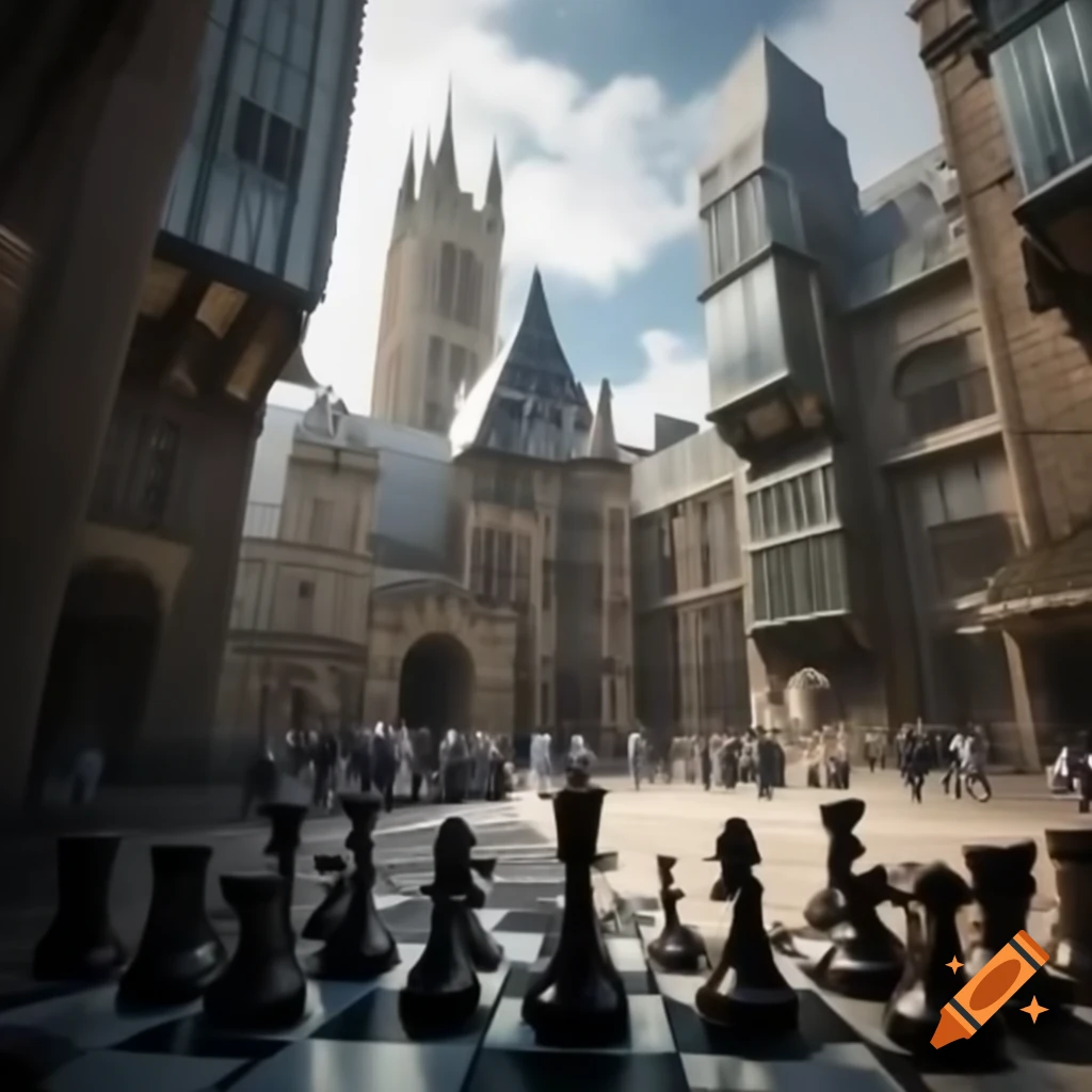 UK university cityscape with buildings resembling giant chess pieces on ...