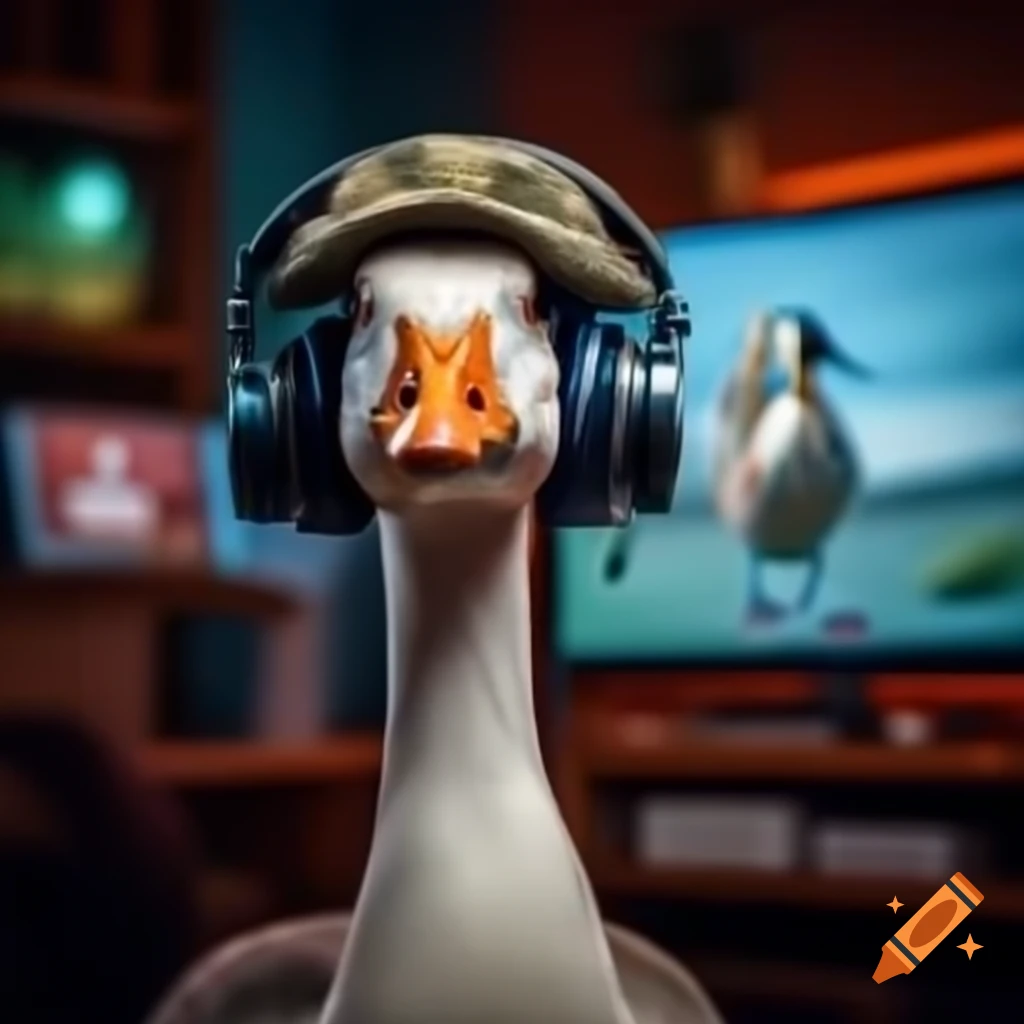 Canadian goose in camo hat with headphones in TV studio setting on Craiyon