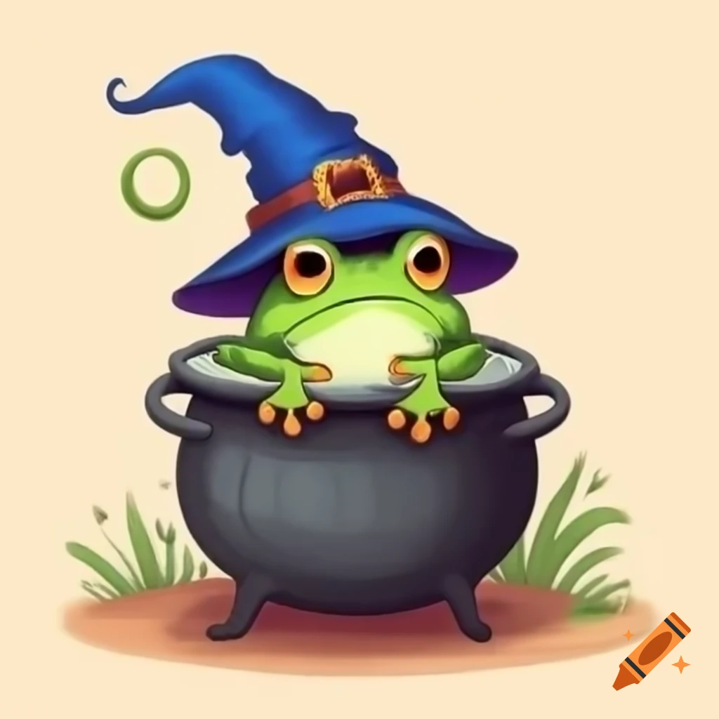 Whimsical frog in wizard hat sitting in cauldron on Craiyon