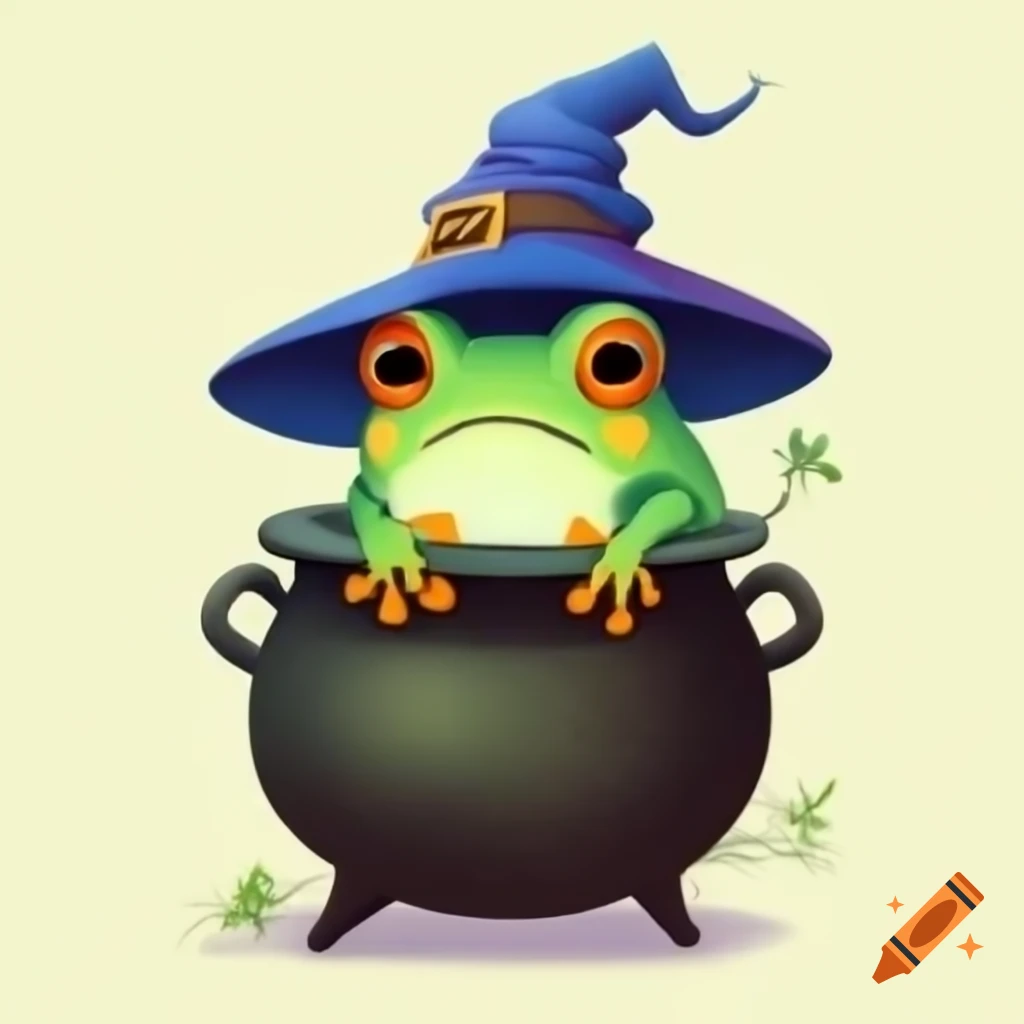 Whimsical frog in wizard hat sitting in cauldron on Craiyon