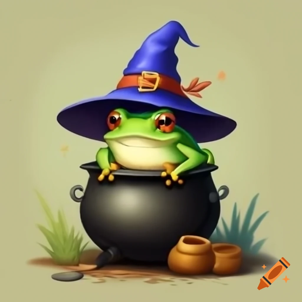 Frog in wizard hat sitting in cauldron on Craiyon
